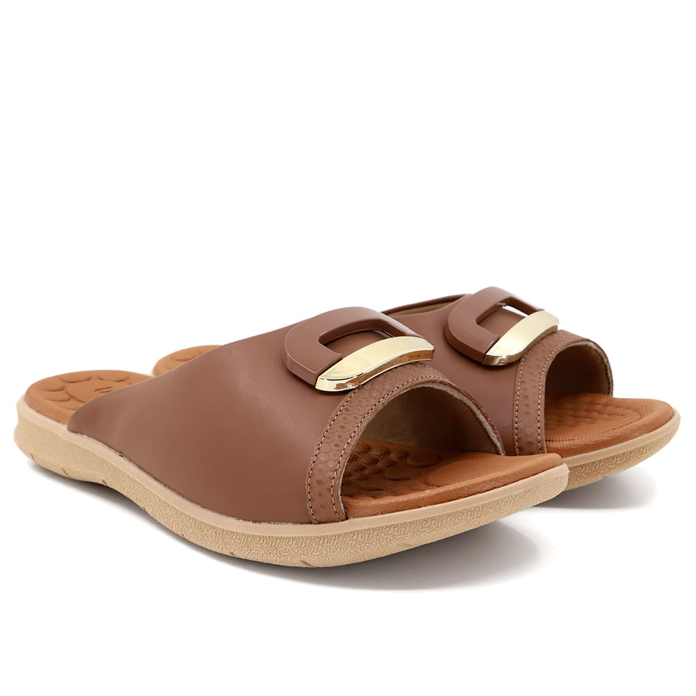 Chinelo Slide Marrom Couro Enfeite 36